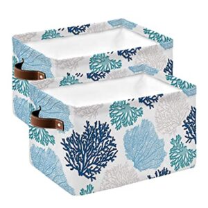 Blue Teal Coral Storage Basket Waterproof Cube Storage Bin Organizer with Handles, Summer Beach Coastal Modern Geometric Collapsible Storage Cubes Bins for Clothes Books Toys 15"x11"x9.5" 2 Pcs