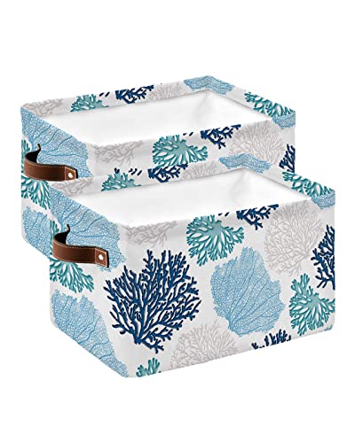 Blue Teal Coral Storage Basket Waterproof Cube Storage Bin Organizer with Handles, Summer Beach Coastal Modern Geometric Collapsible Storage Cubes Bins for Clothes Books Toys 15"x11"x9.5" 2 Pcs