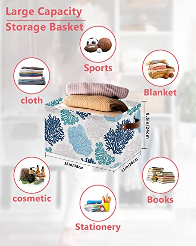 Blue Teal Coral Storage Basket Waterproof Cube Storage Bin Organizer with Handles, Summer Beach Coastal Modern Geometric Collapsible Storage Cubes Bins for Clothes Books Toys 15"x11"x9.5" 2 Pcs