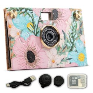 paper shoot camera - 18mp compact digital papershoot camera gift for kid with four filters, 10 sec video & timelapse - includes: 32gb sd card, 2 effect lens & camera case - cork secret garden