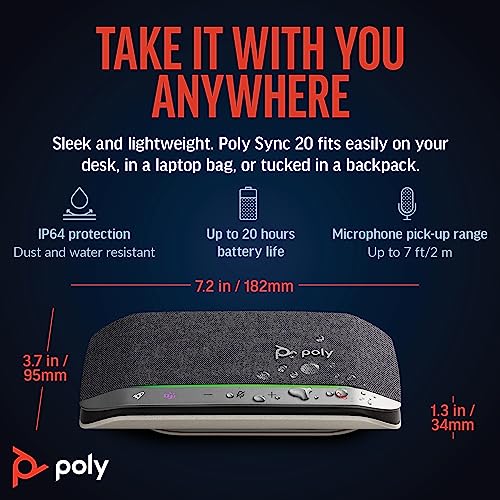 Plantronics Poly Sync 20 USB-C Personal Portable Smart Speakerphone Long Battery Life � Noise/Echo Reduction -Works w/Teams (Certified), Zoom, PC, Mac, Mobile � Amazon Exclusive