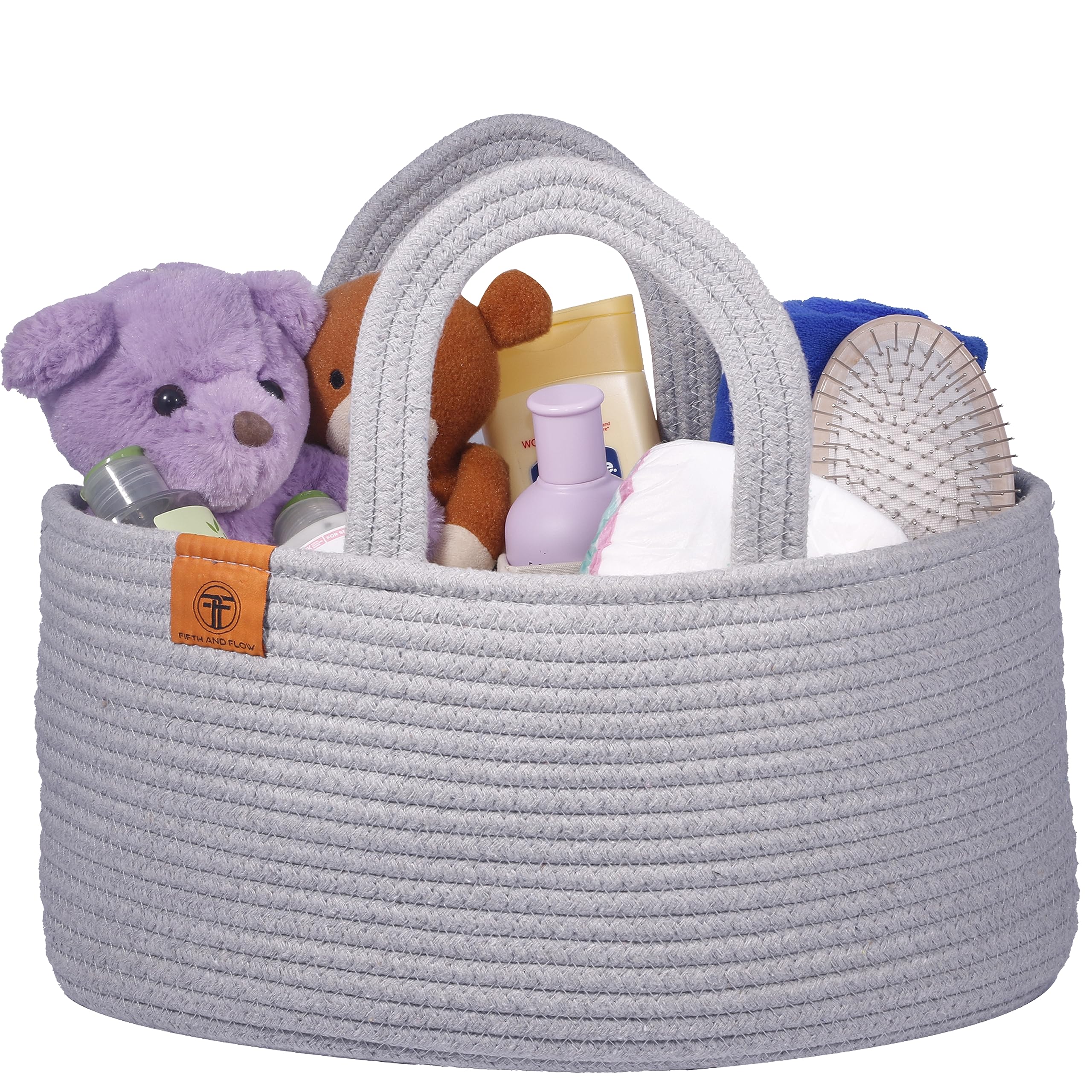 FIFTH AND FLOW Baby Diaper Caddy Organizer, Rope Woven Nursery Storage Basket with Adjustable Divider, Portable Car Travel Diapers Organizer, Large Capacity Caddies (Grey)