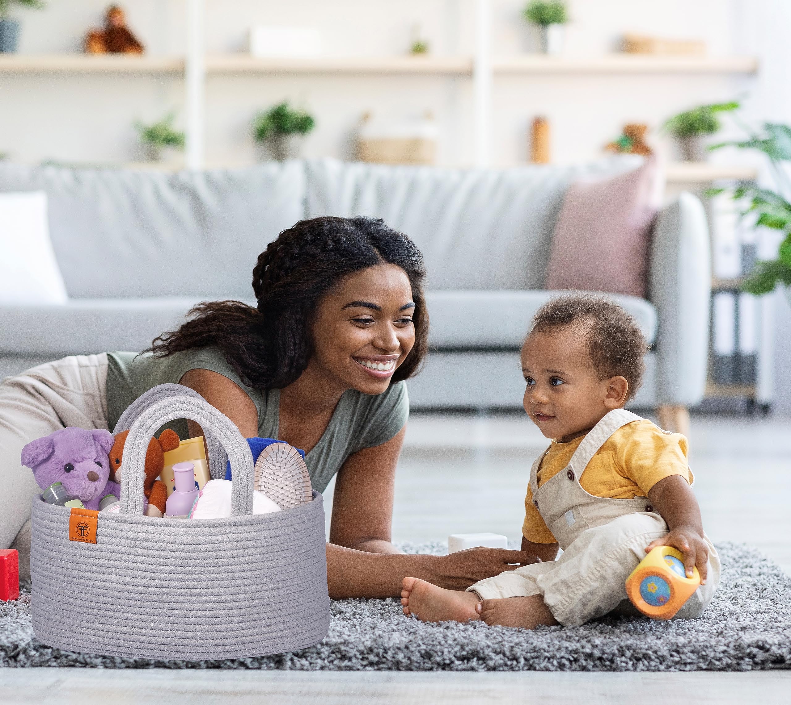 FIFTH AND FLOW Baby Diaper Caddy Organizer, Rope Woven Nursery Storage Basket with Adjustable Divider, Portable Car Travel Diapers Organizer, Large Capacity Caddies (Grey)