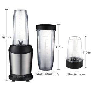 Smoothie Blender, 1200W Personal Blender for Shakes and Smoothies Heavy Duty, Milkshake Maker with Tritan BPA Free 24 and 34 oz To Go Cups and Coffee Grinder with 3 Regular Lids and 2 Spout Lids