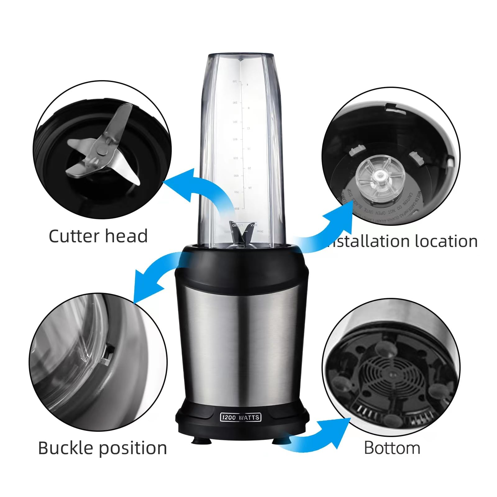 Smoothie Blender, 1200W Personal Blender for Shakes and Smoothies Heavy Duty, Milkshake Maker with Tritan BPA Free 24 and 34 oz To Go Cups and Coffee Grinder with 3 Regular Lids and 2 Spout Lids