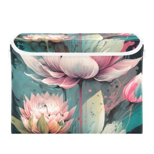 vnurnrn collapsible storage bin with lid (beautiful lotus), foldable storage boxes cube with lid for clothes toys 16.5×12.6×11.8 inch