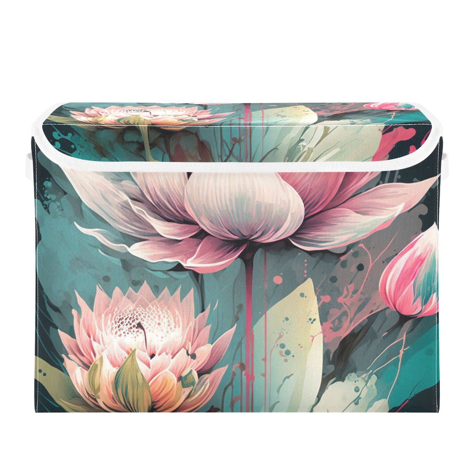 Vnurnrn Collapsible Storage Bin with Lid (Beautiful Lotus), Foldable Storage Boxes Cube with Lid for Clothes Toys 16.5×12.6×11.8 Inch