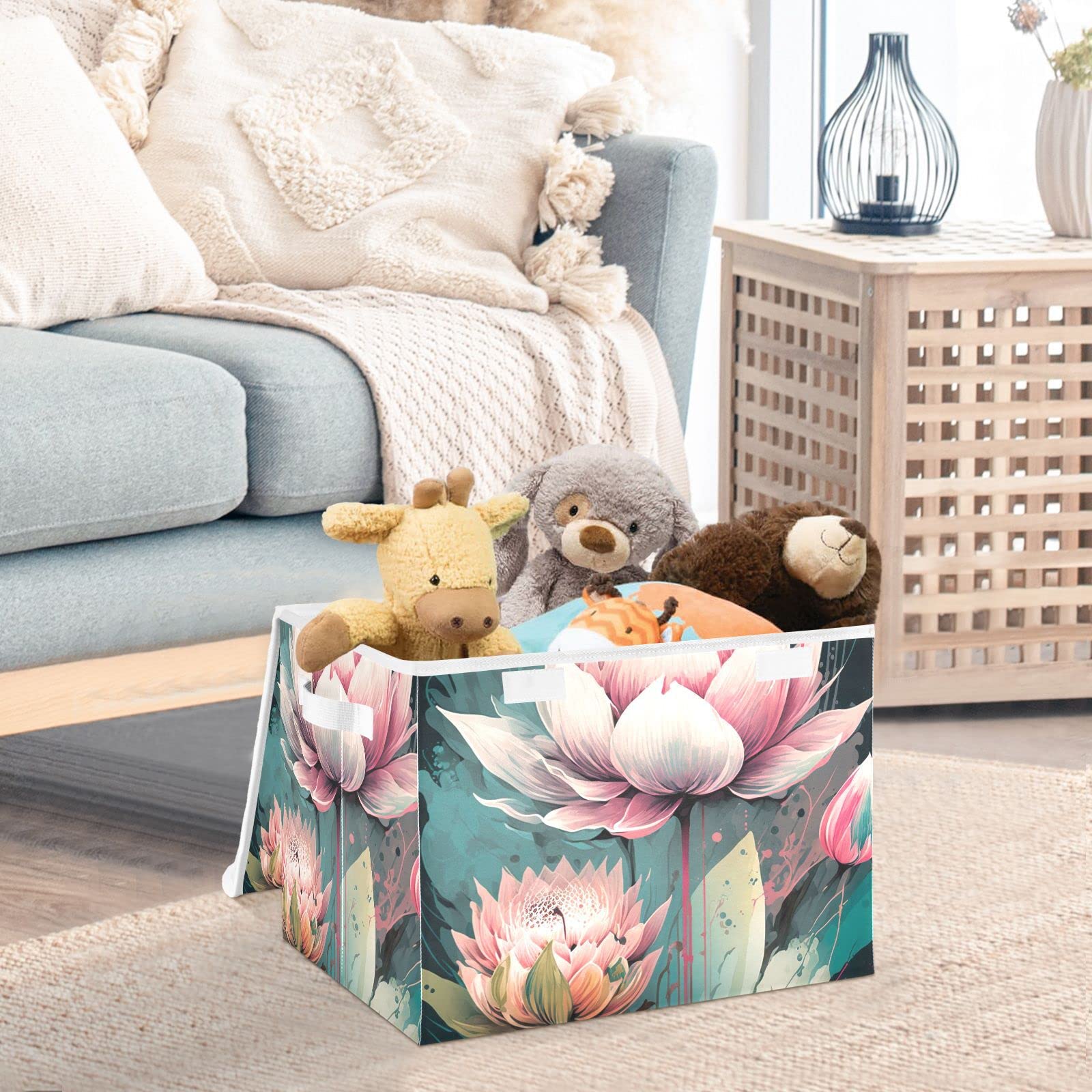 Vnurnrn Collapsible Storage Bin with Lid (Beautiful Lotus), Foldable Storage Boxes Cube with Lid for Clothes Toys 16.5×12.6×11.8 Inch