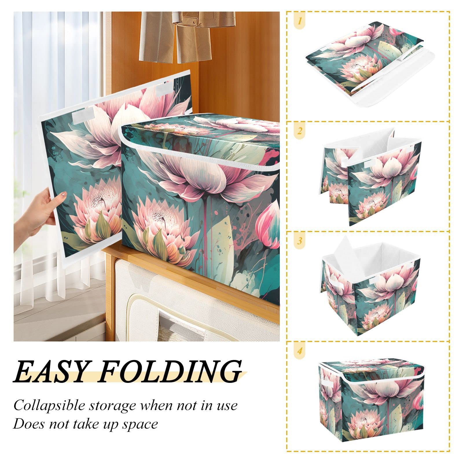 Vnurnrn Collapsible Storage Bin with Lid (Beautiful Lotus), Foldable Storage Boxes Cube with Lid for Clothes Toys 16.5×12.6×11.8 Inch