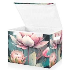 Vnurnrn Collapsible Storage Bin with Lid (Beautiful Lotus), Foldable Storage Boxes Cube with Lid for Clothes Toys 16.5×12.6×11.8 Inch