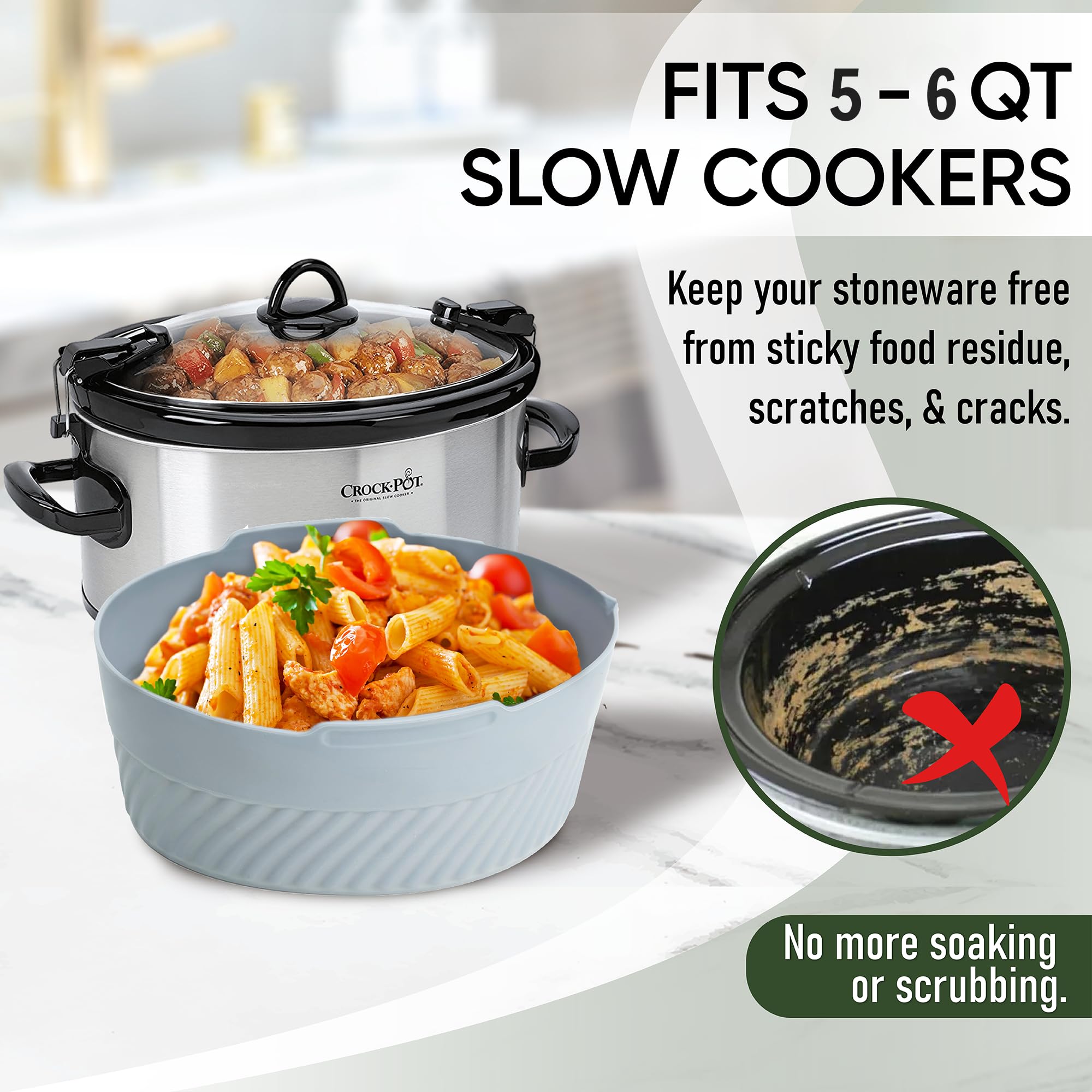 Silicone Slow Cooker Liners For 5QT - 6QT - 7QT(small) Oval Crock Pot, Fits When The Lid Is Closed, Silicone Reusable Crock Pot, BPA Free Food Safe & Dishwasher Safe, Being Scratched.