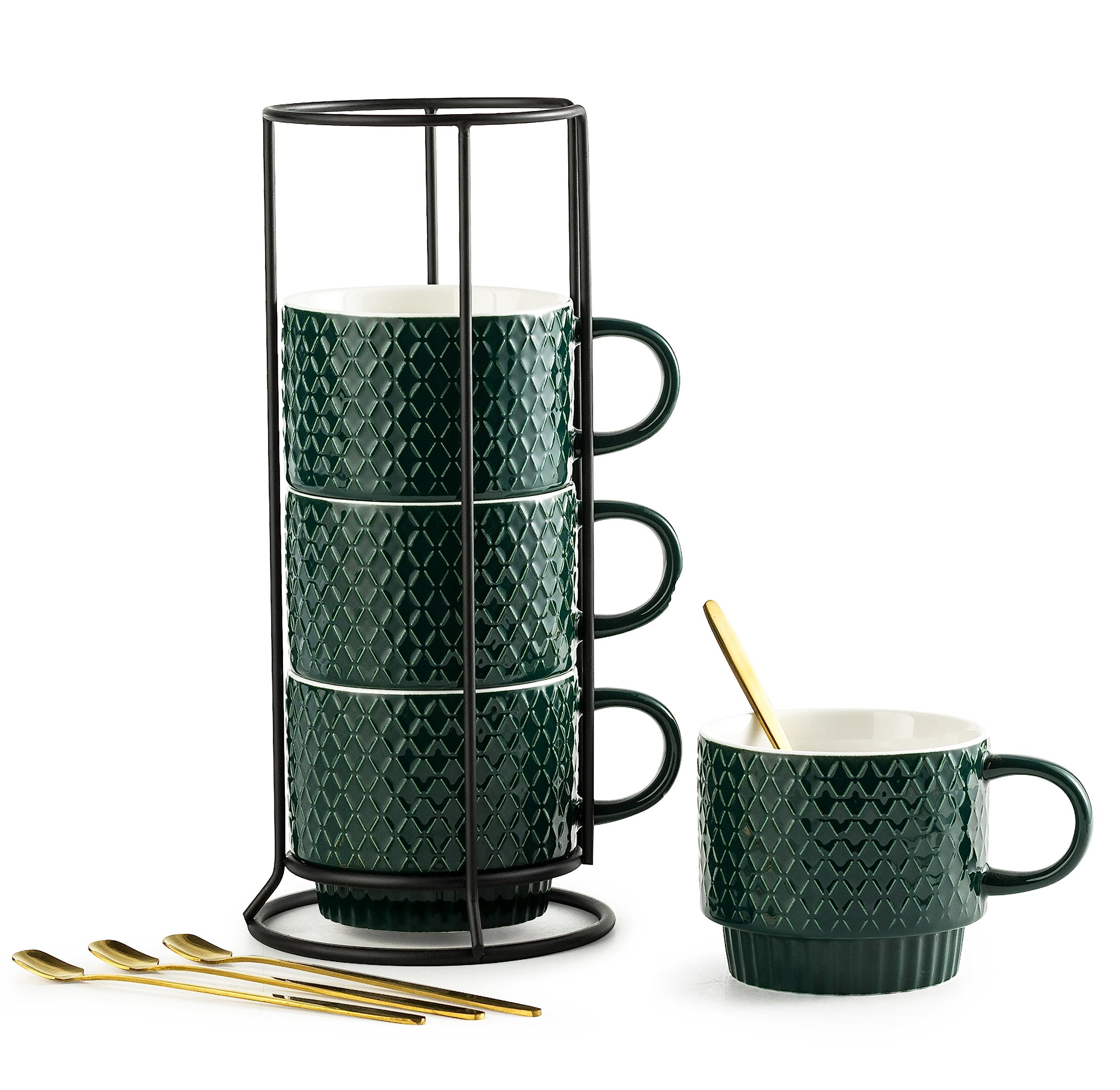 LYEOBOH Coffee Mug Set Porcelain Stackable Coffee Mugs with Stand and Spoons, 13 OZ. Cappuccino Cup Demitasse Cups for Drinks, Espresso, Latte,Set of 4, Dark Green