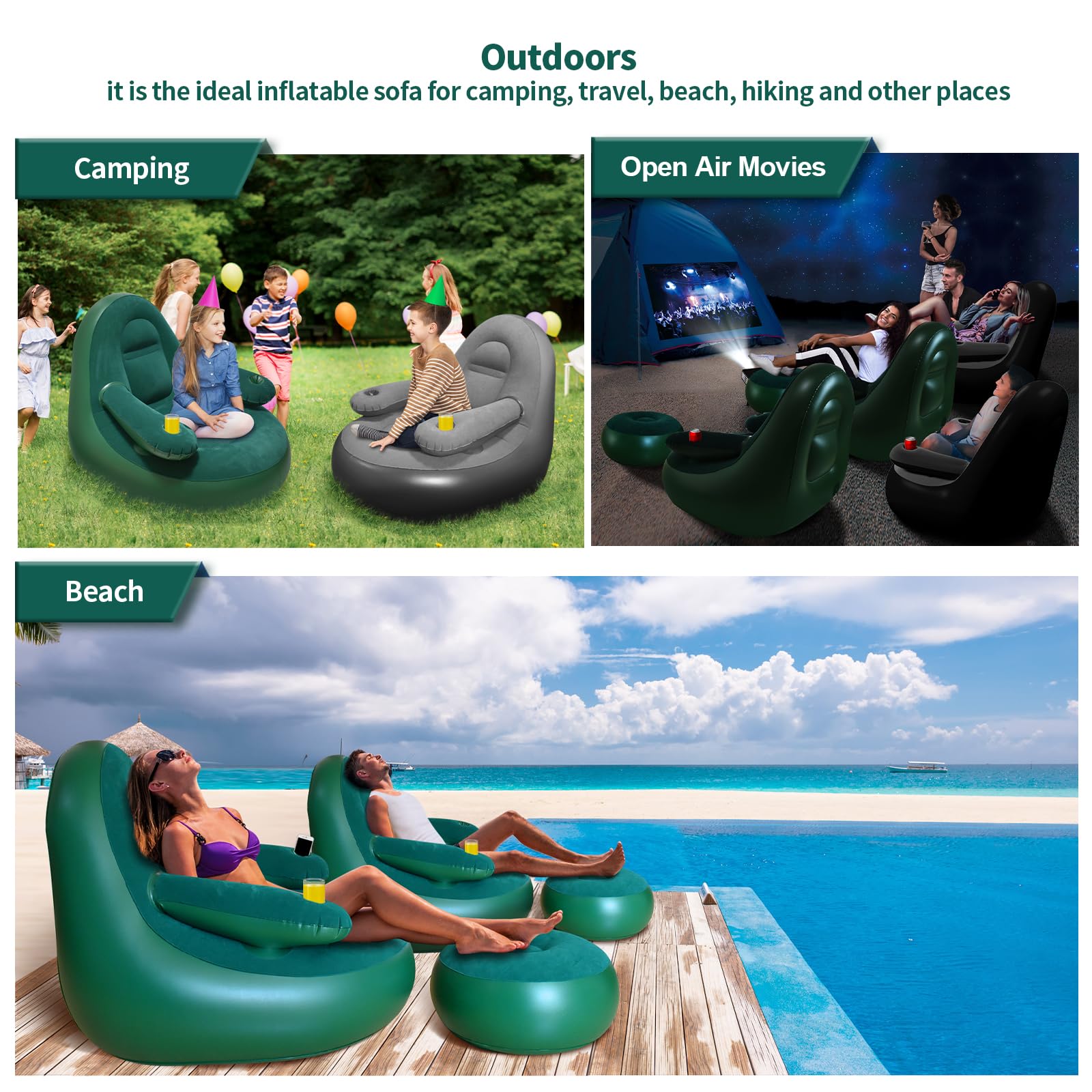 Inflatable Couch,Blow Up Chair,Portable Lounger Chair,Inflatable Chair with Armrest ＆Cup Holder,Inflatable Furniture for Camping,Fishing,Party,Beach,Sunbathing,Hiking