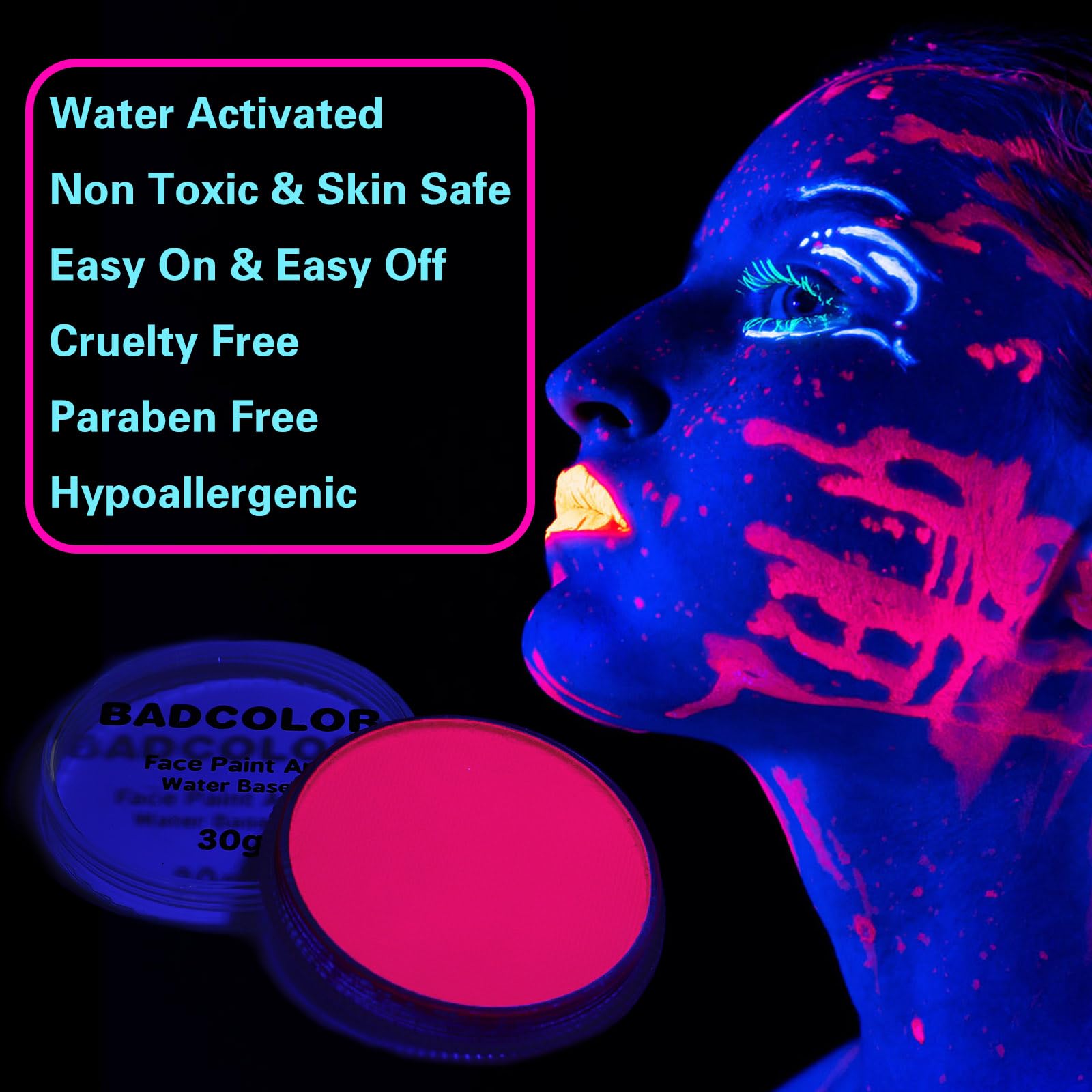 Neon Hot Pink UV Face Body Paint(30g/1oz), Water Based Blacklight Fluorescent Glow Face Body Painting Color for Music Festivals, Nights Out, Halloween, Sports and Party