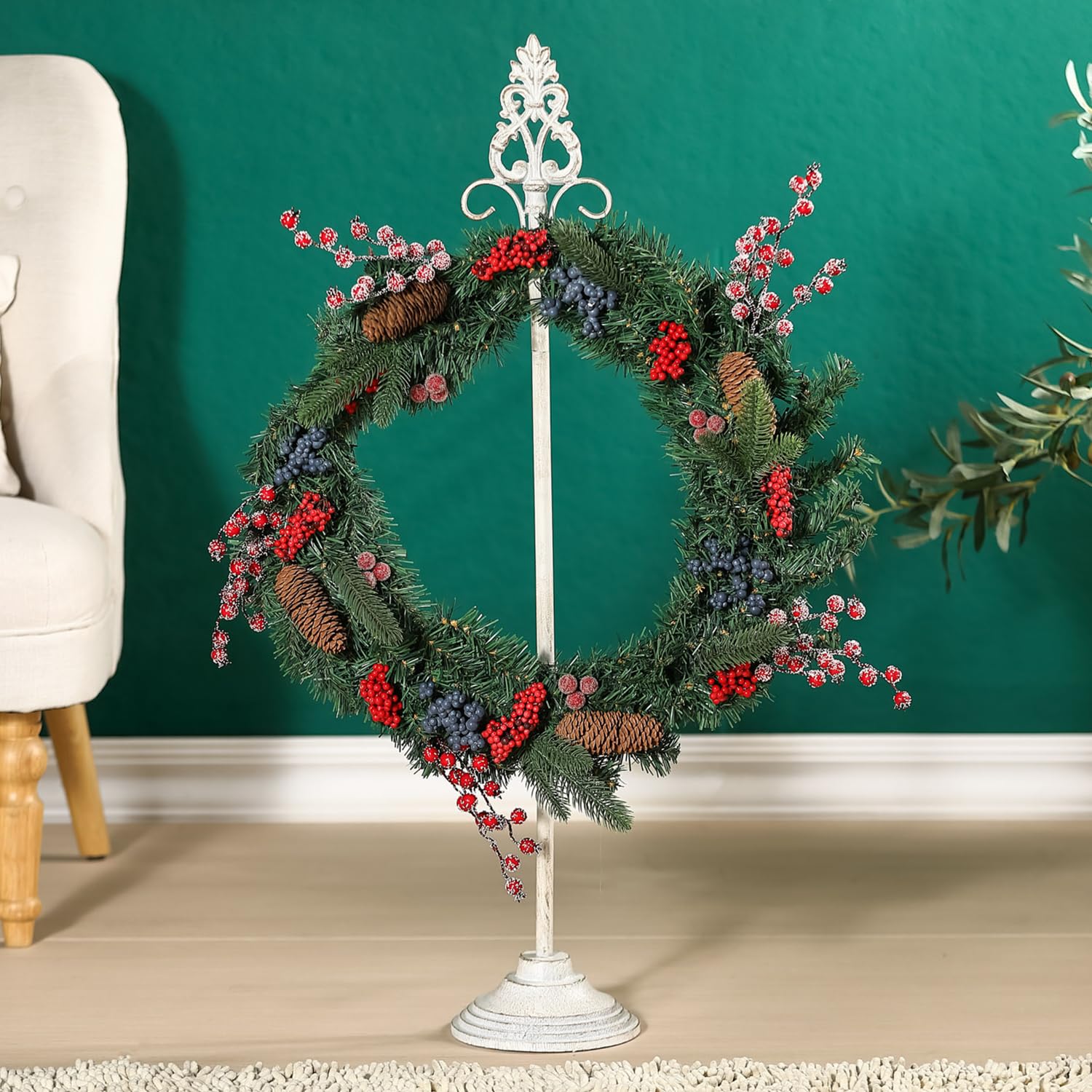 Wreath Stands for Display, Retro White Standing Wreath Holder, Wrought Iron Wreath Hanger Stand, Fleur-De-Lis Tall Floor and Tabletop Christmas Wreath Stands for Porch, New Year Wreath, Party Decor