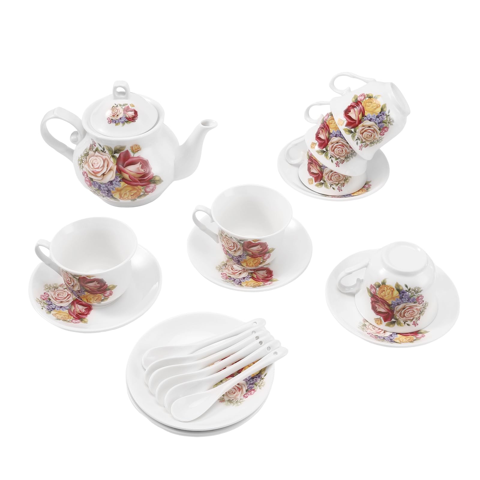 Tea Sets 20-Piece Coffee (7oz) Tea Cup Set Ceramic Vintage Flower European Style,Tea Set for Women Tea Party Afternoon (28oz) Teapot Set Tea Supplies Tea Cup and Saucer Set