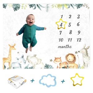 vlanmon baby milestone blanket monthly forest boho safari lion elephant rhino giraffe for boy girl newborn growth chart tracker photography background newborn photo prop months blanket