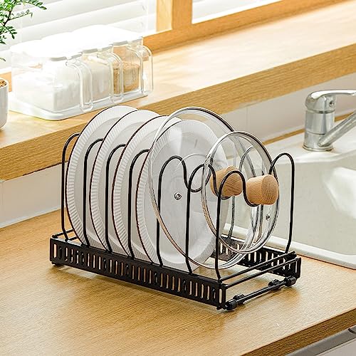 Expandable Pots and Pans Organizer,Pan Organizer Rack for Cabinet with 10 Adjustable Compartments,Black Pot Rack Organizer,Pot and Pan Organizer for Cabinet Kitchen Cookware Bakeware Plate Frying Rack