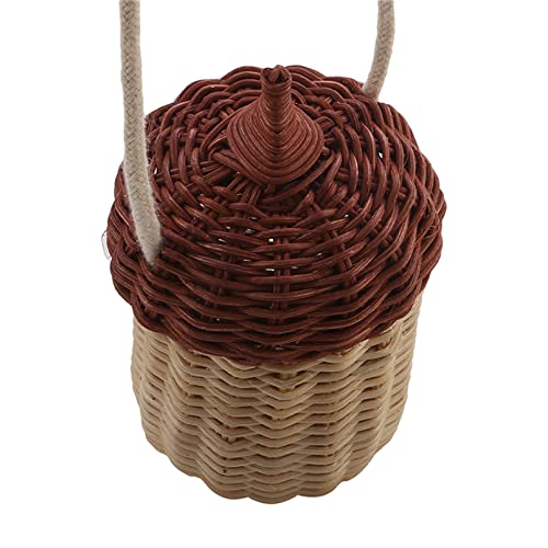 QXPDD Acorn-shaped Storage Basket Hand-woven Round Rattan Bag Bucket Bag Beach Style Woven Shoulder Bag Photo Props Handbag