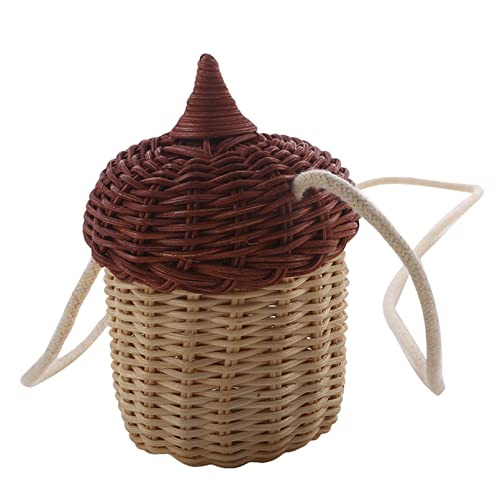 QXPDD Acorn-shaped Storage Basket Hand-woven Round Rattan Bag Bucket Bag Beach Style Woven Shoulder Bag Photo Props Handbag