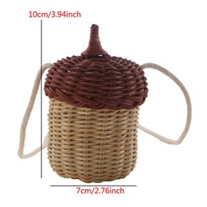 QXPDD Acorn-shaped Storage Basket Hand-woven Round Rattan Bag Bucket Bag Beach Style Woven Shoulder Bag Photo Props Handbag