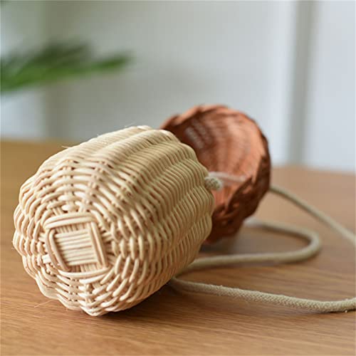 QXPDD Acorn-shaped Storage Basket Hand-woven Round Rattan Bag Bucket Bag Beach Style Woven Shoulder Bag Photo Props Handbag