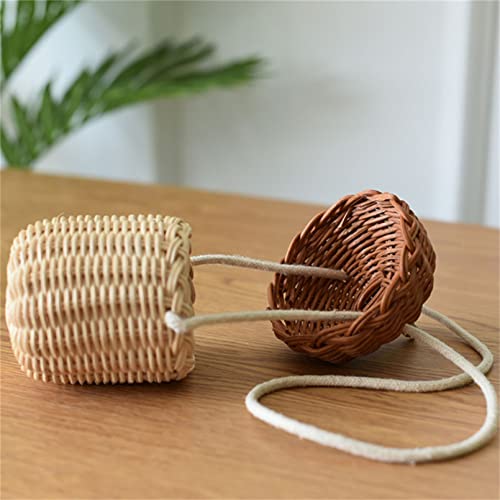 QXPDD Acorn-shaped Storage Basket Hand-woven Round Rattan Bag Bucket Bag Beach Style Woven Shoulder Bag Photo Props Handbag