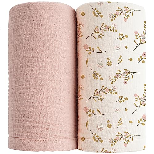 Konssy 2 Pack Muslin Swaddle Blankets for Baby Boys Girls, Receiving Blanket Large 47 x 47 inches, Soft Breathable Muslin Baby Blanket for Unisex Newborn(Pink, Floral)