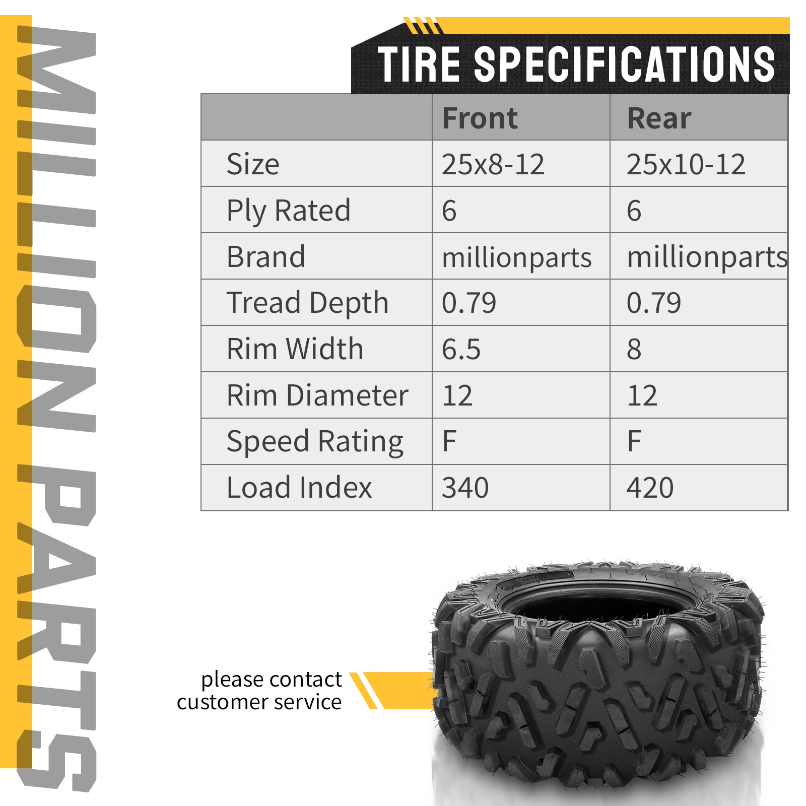 TUFFIOM Set of 4 ATV UTV All-terrain Tires 25x8-12 Front & 25x10-12 Rear, 6 PR, Tubeless