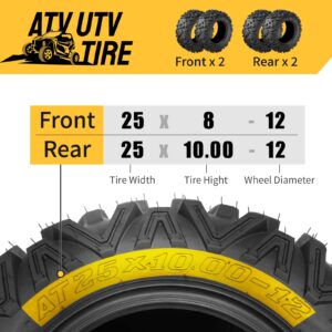 TUFFIOM Set of 4 ATV UTV All-terrain Tires 25x8-12 Front & 25x10-12 Rear, 6 PR, Tubeless