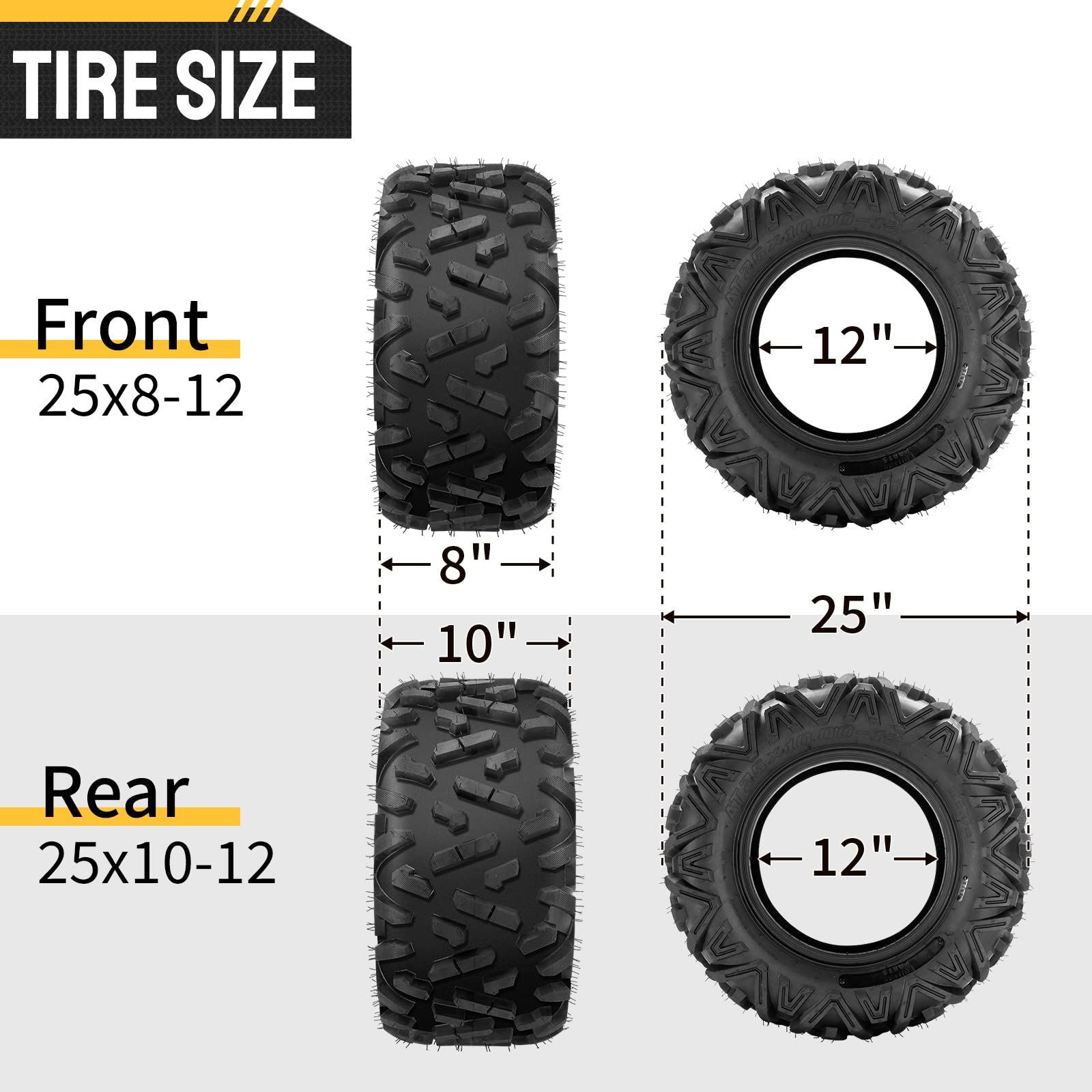 TUFFIOM Set of 4 ATV UTV All-terrain Tires 25x8-12 Front & 25x10-12 Rear, 6 PR, Tubeless