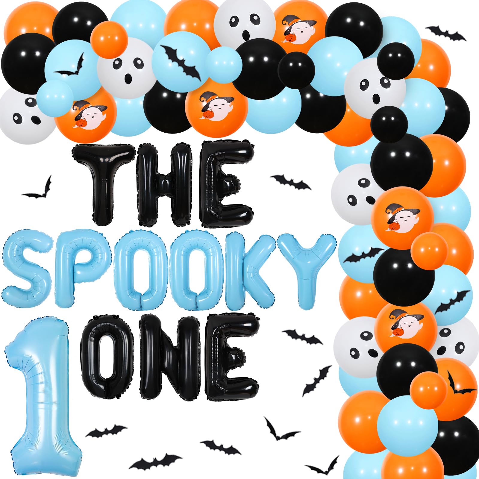 Kreatwow Spooky One Halloween Birthday Decorations Blue Orange Halloween 1st Party for Boys the Spooky One Balloon Banner Number 1 Ghost Bats Balloon Garland for First Halloween Birthday