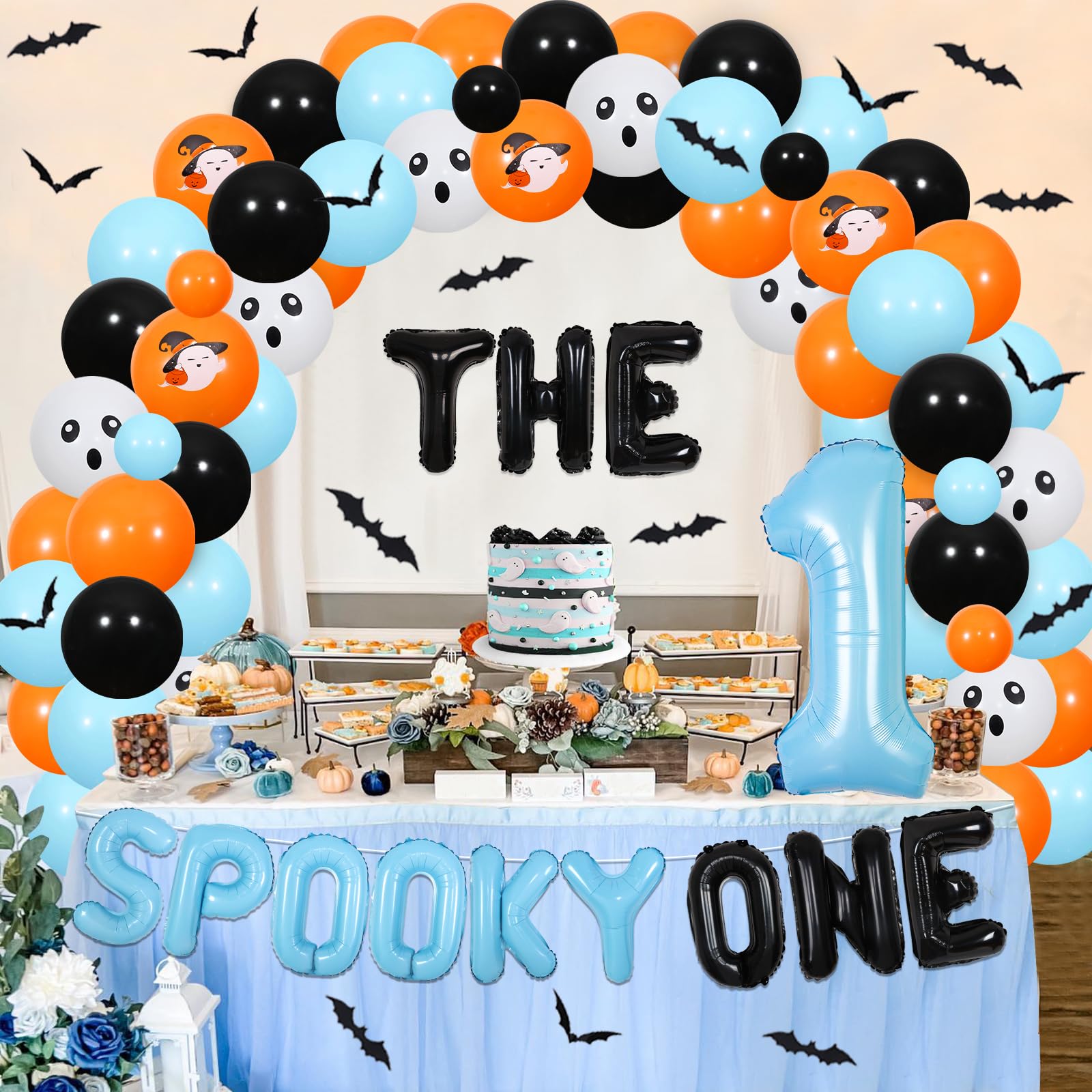 Kreatwow Spooky One Halloween Birthday Decorations Blue Orange Halloween 1st Party for Boys the Spooky One Balloon Banner Number 1 Ghost Bats Balloon Garland for First Halloween Birthday