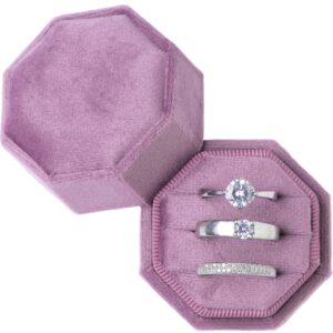 Giftop Equal Octagon Velvet Ring Box Storage 3 Slots for Wedding Ceremony Proposal Engagement Birthday Gift (Purple)