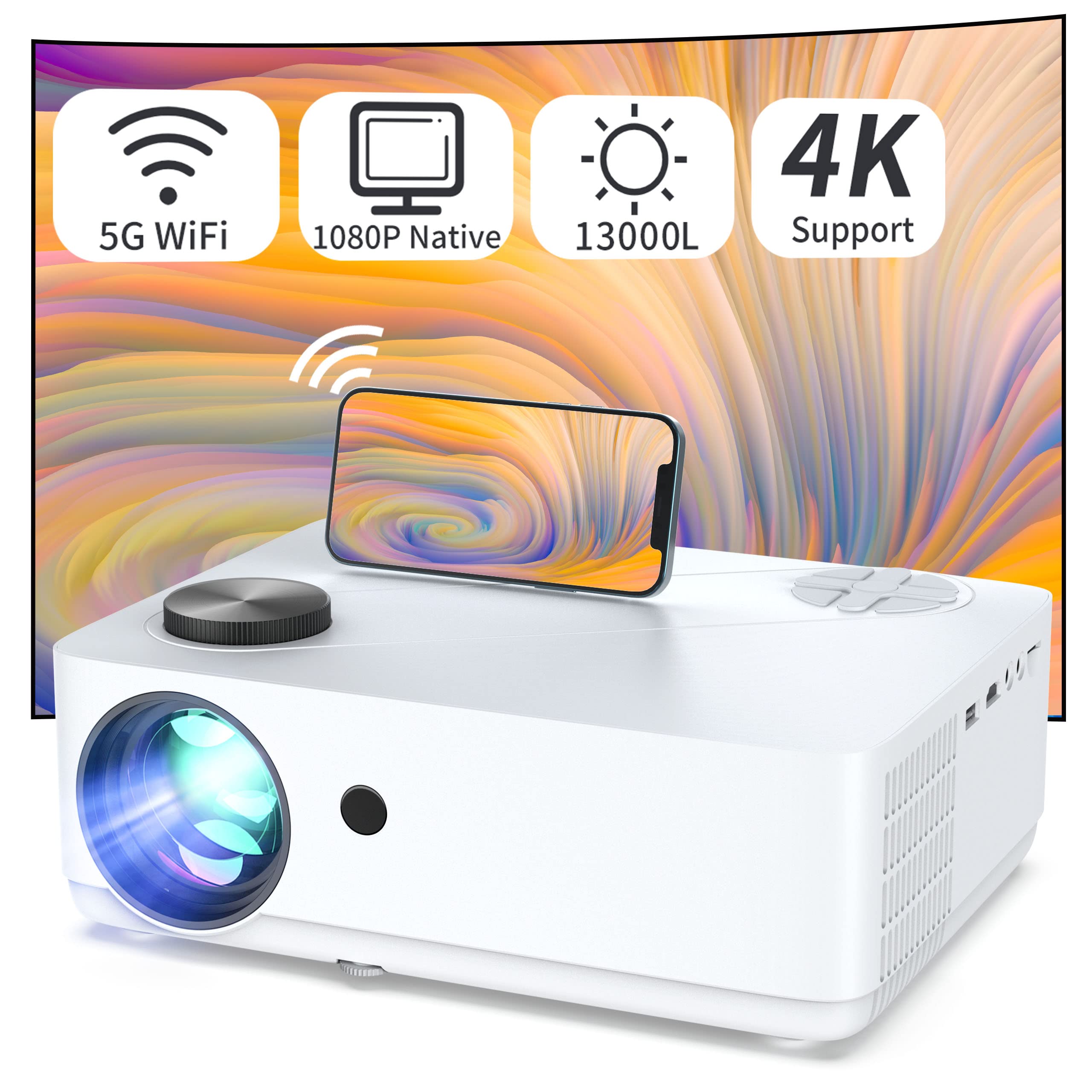 Projector 5G WiFi 1080P Native Projector, 4K Support 500 ANSI 13000L Max 300'' Display YZQ Projector for Gaming Teather and Outdoor, 50% Zoom 120000H Life, Compatible with Phones/Laptops/TV Stick/PS5