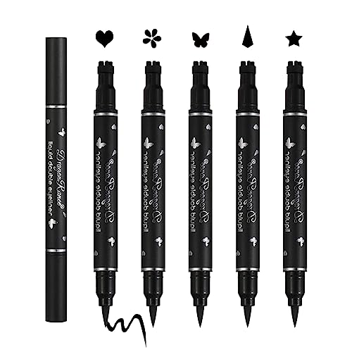 5PCS Eyeliner Stamp Set Liquid Winged Eyeliner Stamp Pen Double-headed Black Eye Liner Pencil long-lasting Waterproof Stamp Eyeliner Set for Eye Makeup - Star, Heart, Flower, Butterfly, Triangle