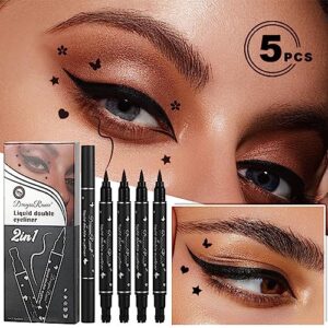 5PCS Eyeliner Stamp Set Liquid Winged Eyeliner Stamp Pen Double-headed Black Eye Liner Pencil long-lasting Waterproof Stamp Eyeliner Set for Eye Makeup - Star, Heart, Flower, Butterfly, Triangle