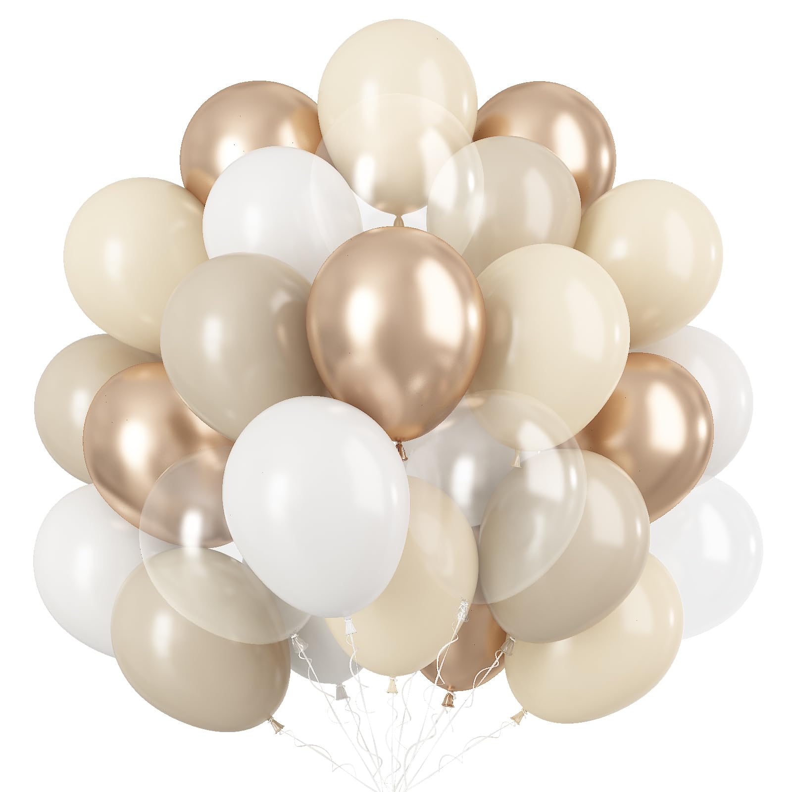 White Gold Balloons 60 Pcs, 12Inch Beige Gold Neutral Party Balloons, Matte White Ivory White Sand and Champagne Gold Latex Nude Balloons with Transparent Balloons for Boho Birthday Party Decorations