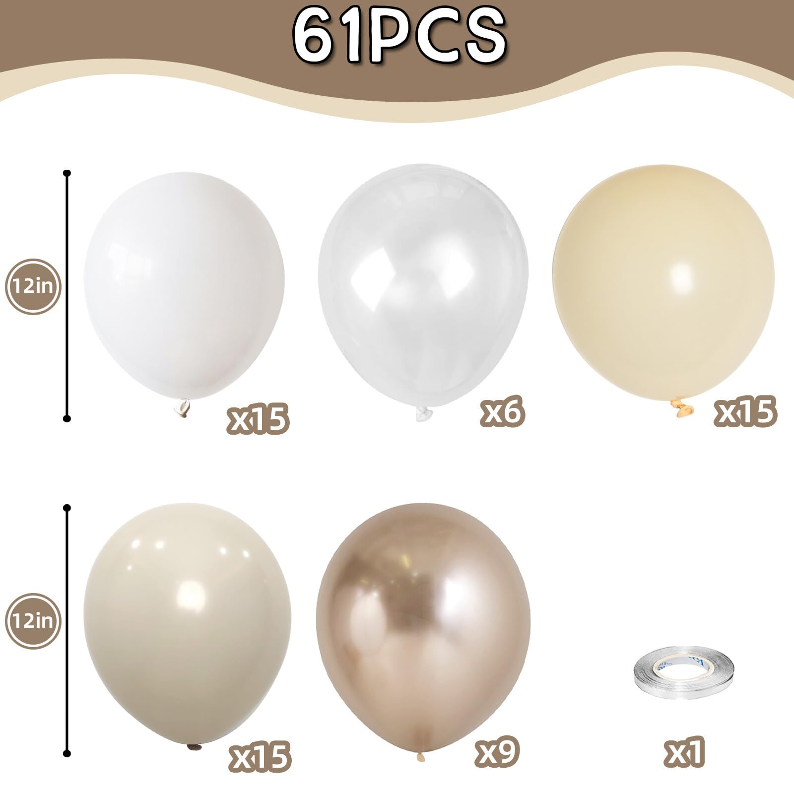 White Gold Balloons 60 Pcs, 12Inch Beige Gold Neutral Party Balloons, Matte White Ivory White Sand and Champagne Gold Latex Nude Balloons with Transparent Balloons for Boho Birthday Party Decorations