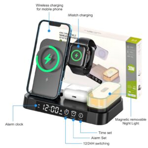 Wireless Charger Charging Station, Hdiwousp Foldable 5 in 1 30W Fast Wireless Charging Station with Alarm Clock and Night Light Matching with iPhone 15/14/13/12/11/XS AirPods and Apple Watch