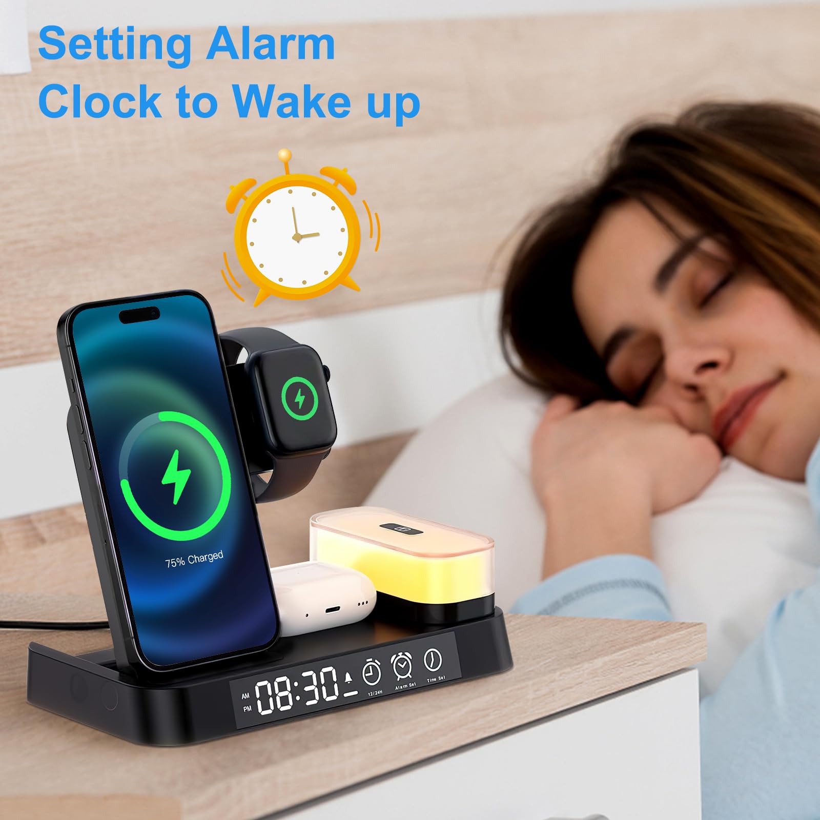 Wireless Charger Charging Station, Hdiwousp Foldable 5 in 1 30W Fast Wireless Charging Station with Alarm Clock and Night Light Matching with iPhone 15/14/13/12/11/XS AirPods and Apple Watch