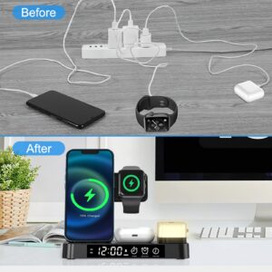 Wireless Charger Charging Station, Hdiwousp Foldable 5 in 1 30W Fast Wireless Charging Station with Alarm Clock and Night Light Matching with iPhone 15/14/13/12/11/XS AirPods and Apple Watch