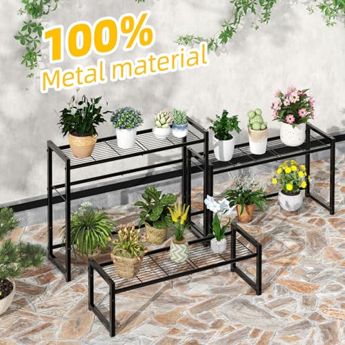 Simple Trending 3 Tier Metal Plant Stand Outdoor Indoor Waterproof, Stackable Heavy Duty Tall Plant Shelf Flower Pot Holder for Garden, Display Rack, Black