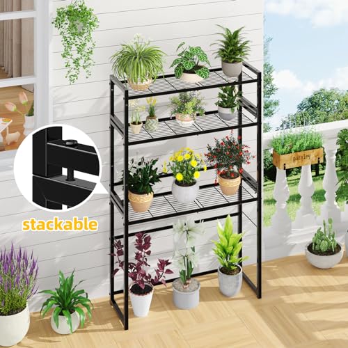 Simple Trending 3 Tier Metal Plant Stand Outdoor Indoor Waterproof, Stackable Heavy Duty Tall Plant Shelf Flower Pot Holder for Garden, Display Rack, Black