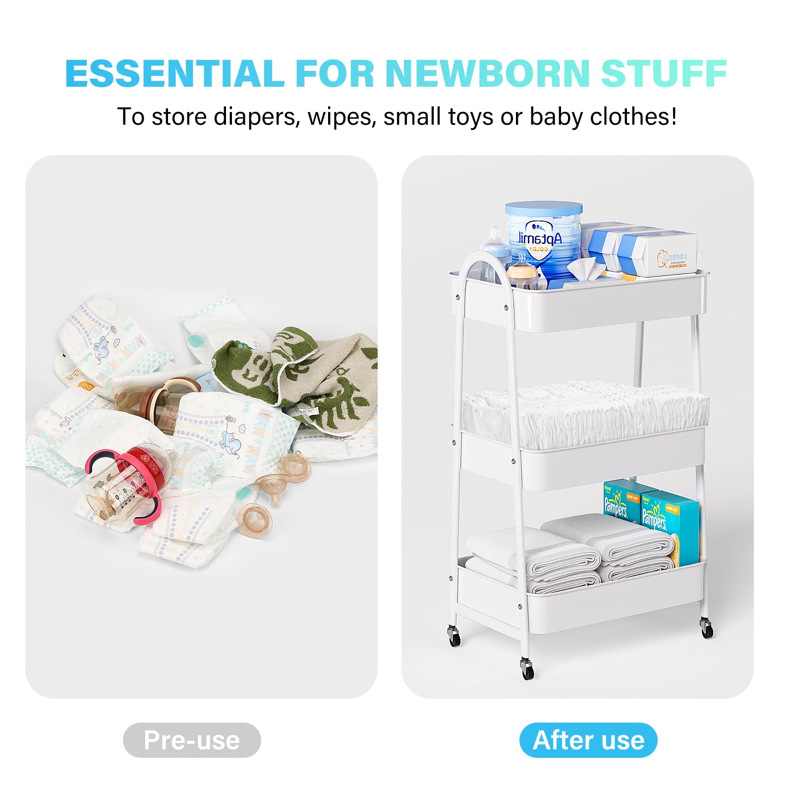 Volnamal Baby Diaper Caddy Organizer | Chic Metal Utility Diaper Cart | Multifunction Essential Newborn Nursery Organizer | Movable Changing Station | Easy Assembly | White