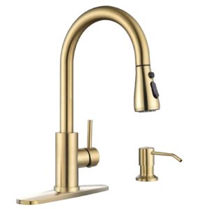 appaso gold kitchen faucet with soap dispenser, brushed gold kitchen sink faucet with pull down sprayer, modern high arch single handle sink faucet for kitchen, 3 modes & champagne gold