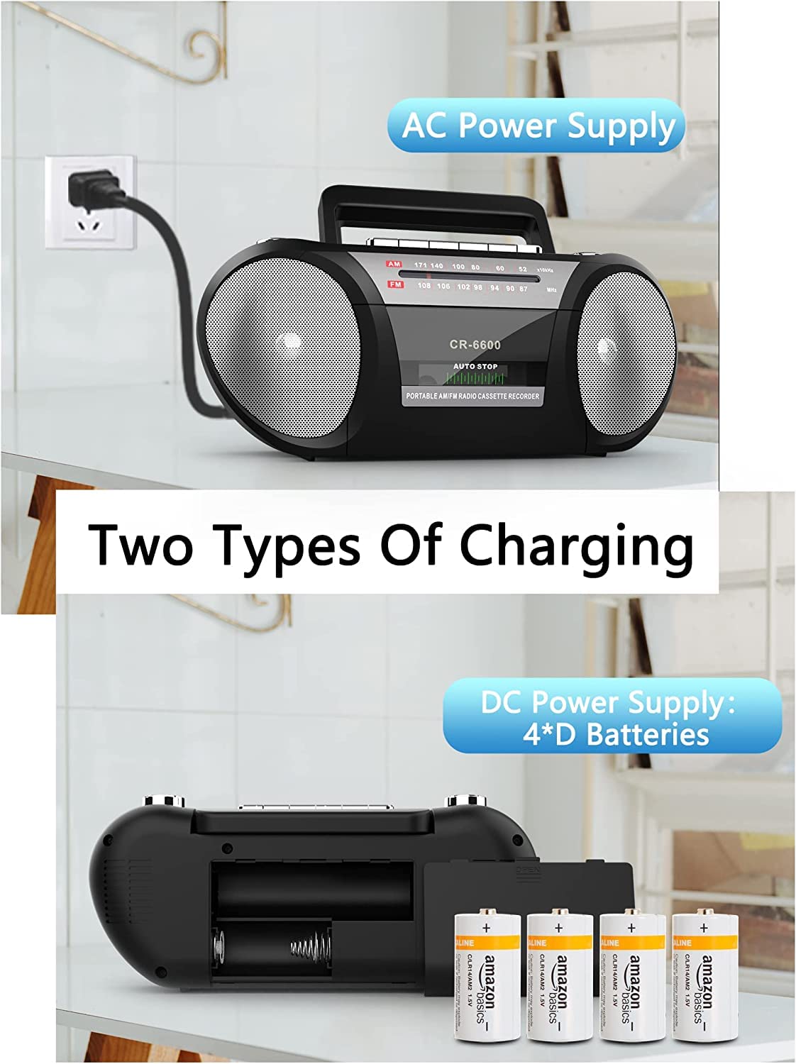 Cassette Player AM FM Radio Boombox: Retro Portable Cassette Tape Player and Recorder with Dual Stereo Speaker,Standard Earphone Jack,Cassette Boombox Powered by 4 D Cell Batteries Or AC Power