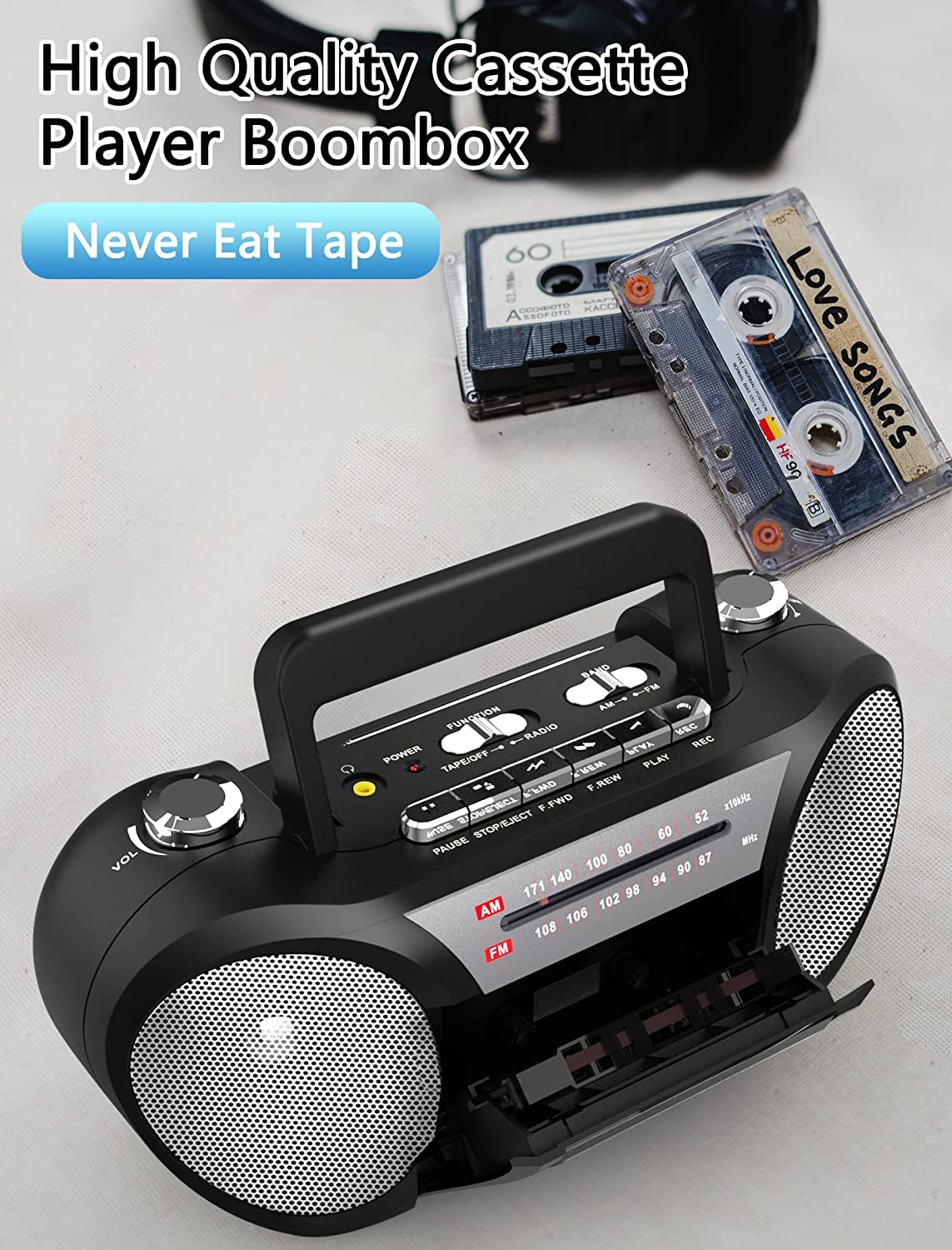 Cassette Player AM FM Radio Boombox: Retro Portable Cassette Tape Player and Recorder with Dual Stereo Speaker,Standard Earphone Jack,Cassette Boombox Powered by 4 D Cell Batteries Or AC Power