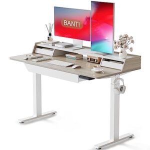 banti 55 x 24 inch electric standing desk with 3 drawers, adjustable height stand up desk, sit stand home office desk with storage shelf, light walnut top