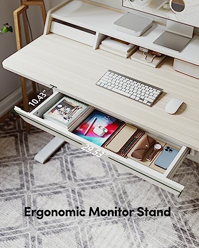 BANTI 55 x 24 Inch Electric Standing Desk with 3 Drawers, Adjustable Height Stand Up Desk, Sit Stand Home Office Desk with Storage Shelf, Light Walnut Top